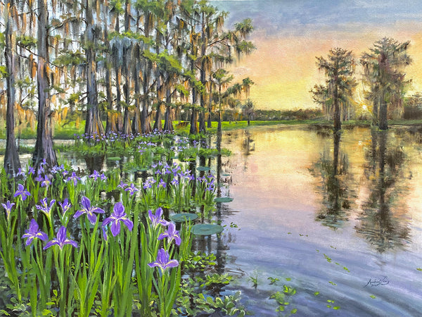 30x40" Bayou Sunset Oil Painting on Canvas, Custom Heart Pine Frame ...